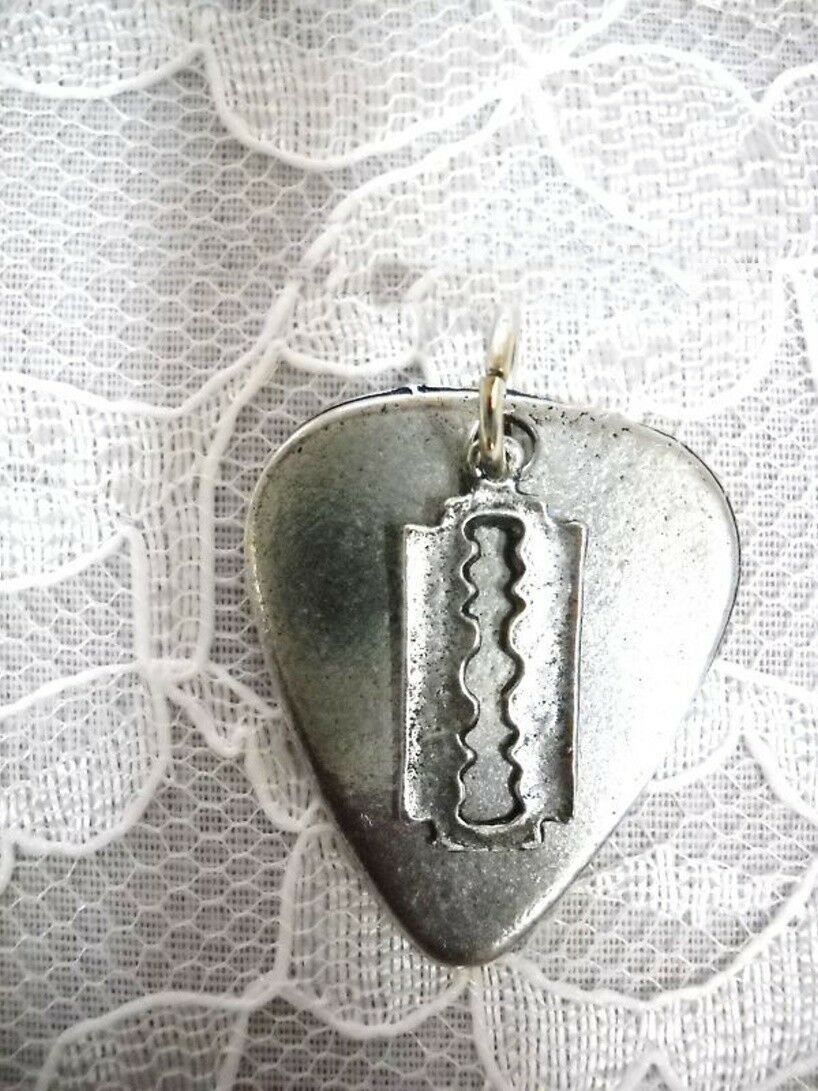PEWTER GUITAR PICK PENDANT & TINY RAZOR BLADE CHARM ADJ NECKLACE