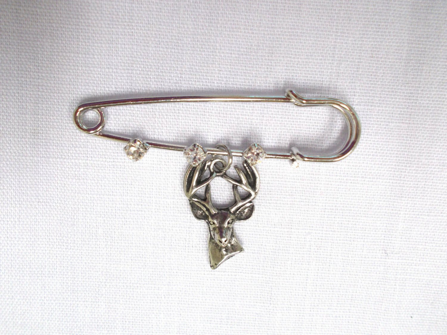 2" PIN BROOCH w 3 CRYSTALS & USA PEWTER DEER 10 POINT BUCK TROPHY HEAD ...
