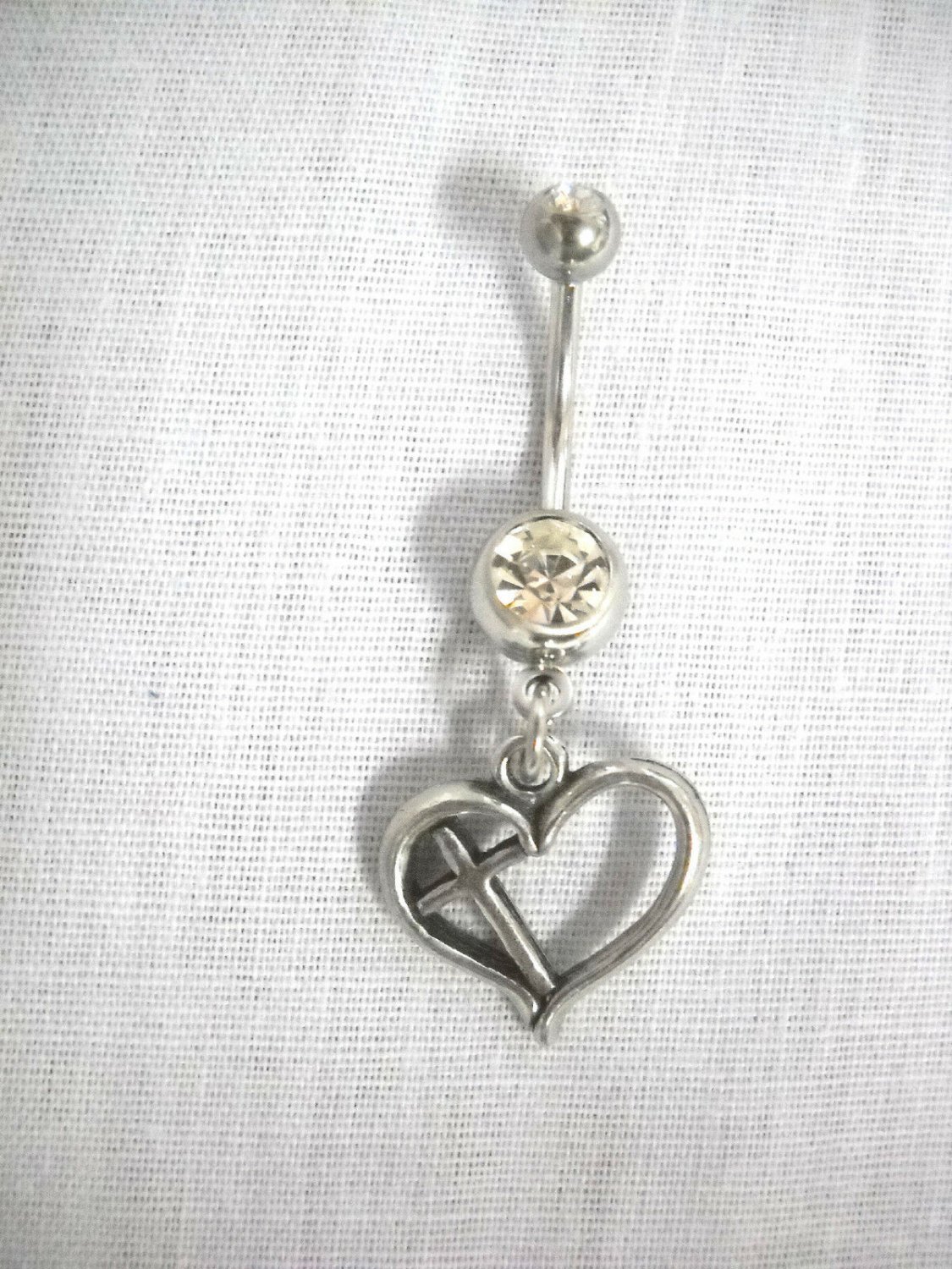 NEW SLANT CROSS INSIDE A HEART SILHOUETTE CHARM ON CLEAR CZ BELLY RING ...