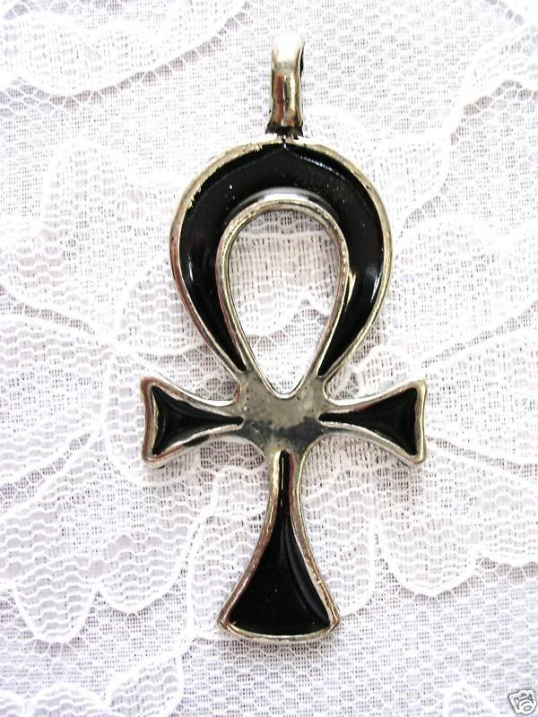 EGYPTIAN ANKH SYMBOL w BLACK INLAY LARGE CAST PEWTER PENDANT ADJ NECKLACE