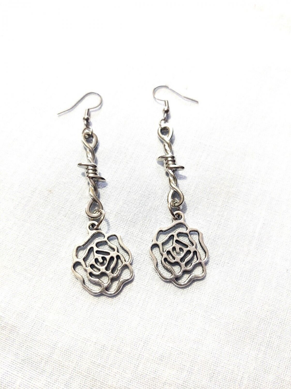 Barb Wire Twist and Rose Flower Double Dangling Charms 2 1/2" Long Pair ...