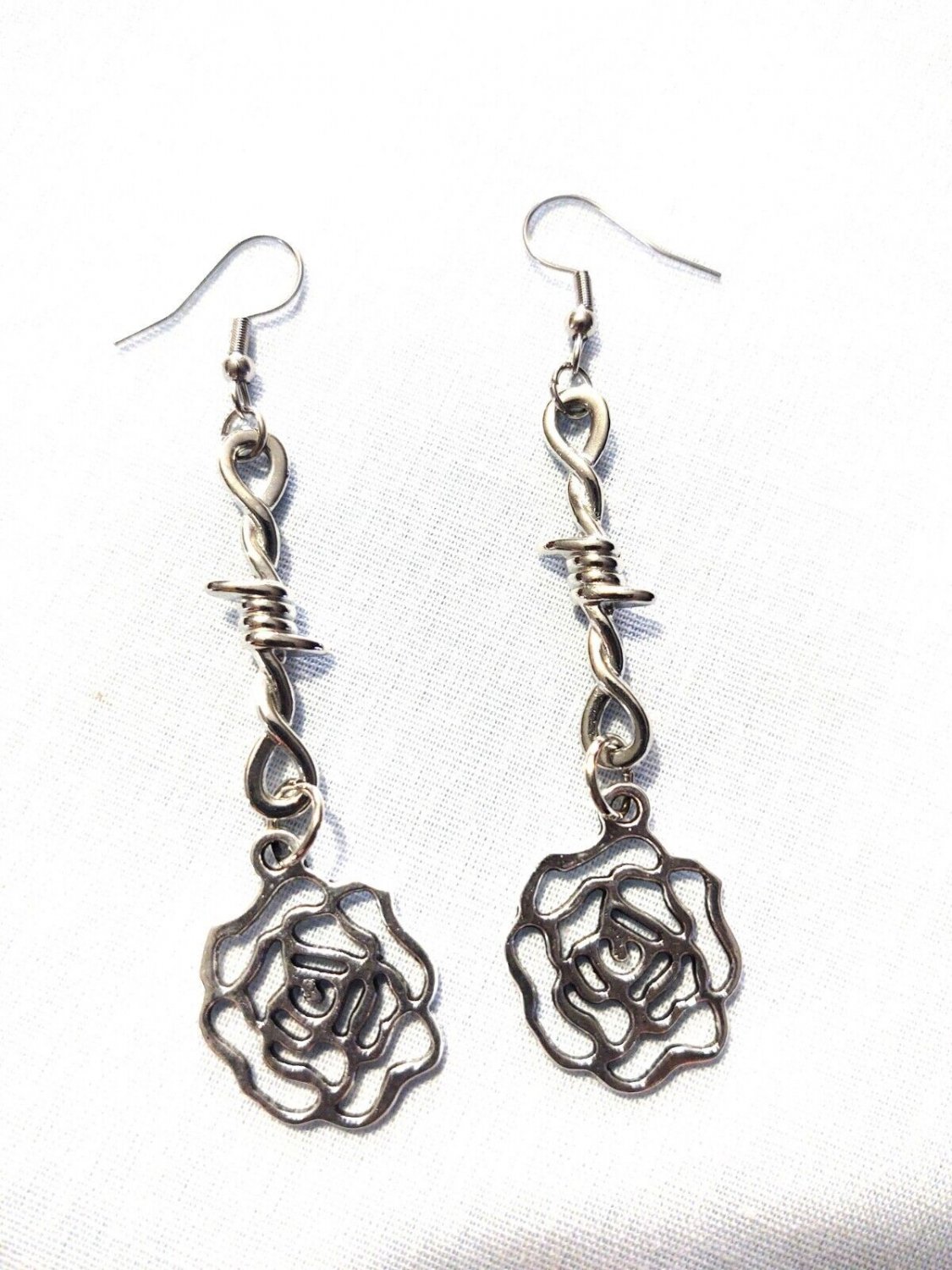 Barb Wire Twist and Rose Flower Double Dangling Charms 2 1/2" Long Pair ...