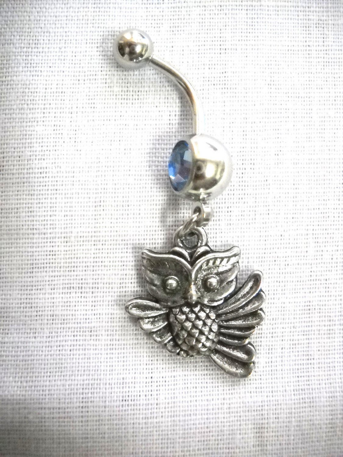 NEW PEWTER FLYING HOOT OWL GRADUATION CHARM ON BABY BLUE CZ 14g NAVEL ...