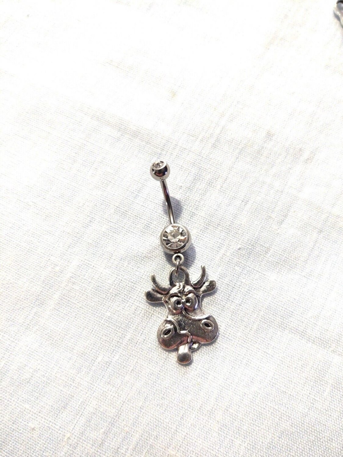 FARM ANIMAL COW HEAD FUNNY CHARM ON CLEAR 14g CZ BELLY RING BARBEL