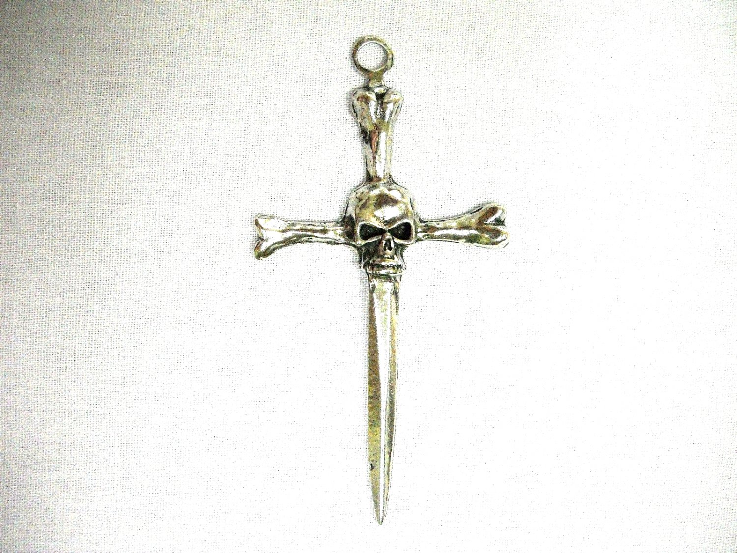 Skull Head Sword Dagger Cross Huge Heavy XL Piece Pewter Pendant Adjust ...