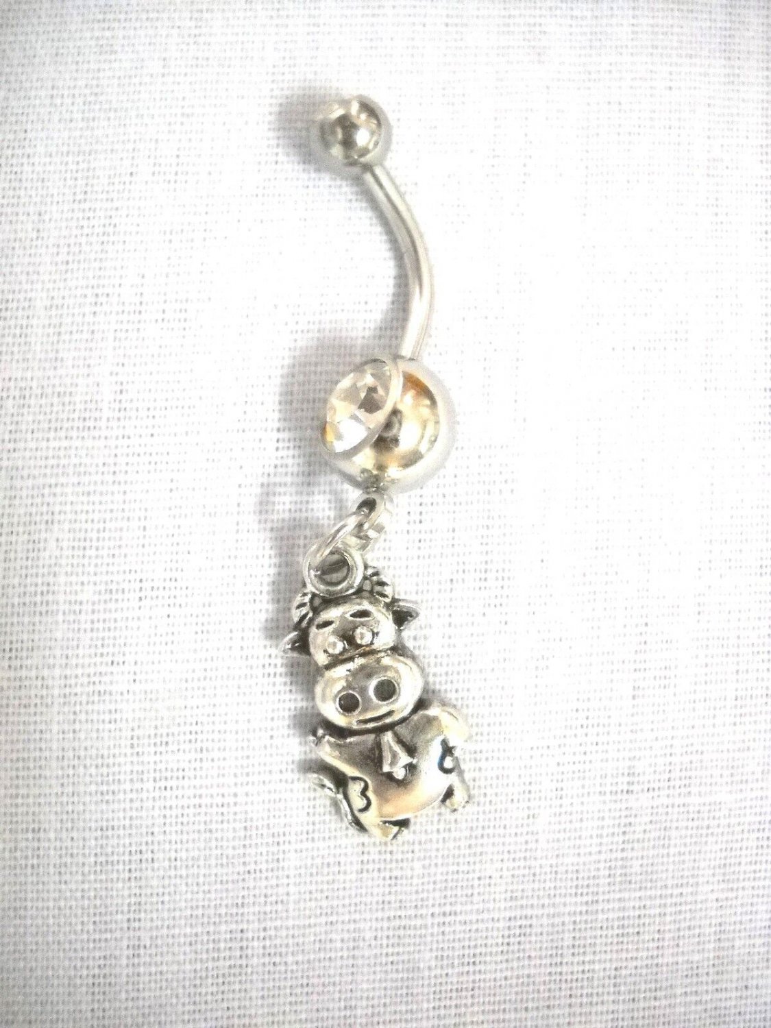 FARM ANIMAL COW with BELL WAVING HELLO CHARM ON CLEAR 14g CZ BELLY RING ...