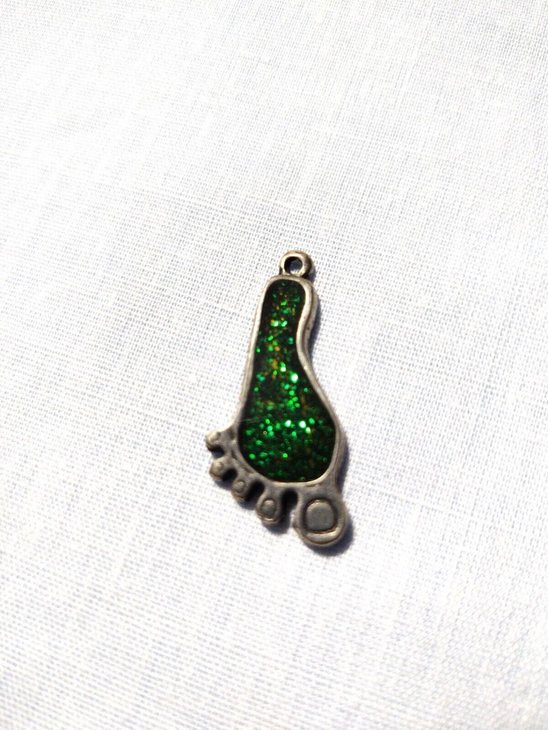 BAREFOOT FOOT PRINT with GREEN GLITTER INLAY PEWTER PENDANT ADJ CORD ...