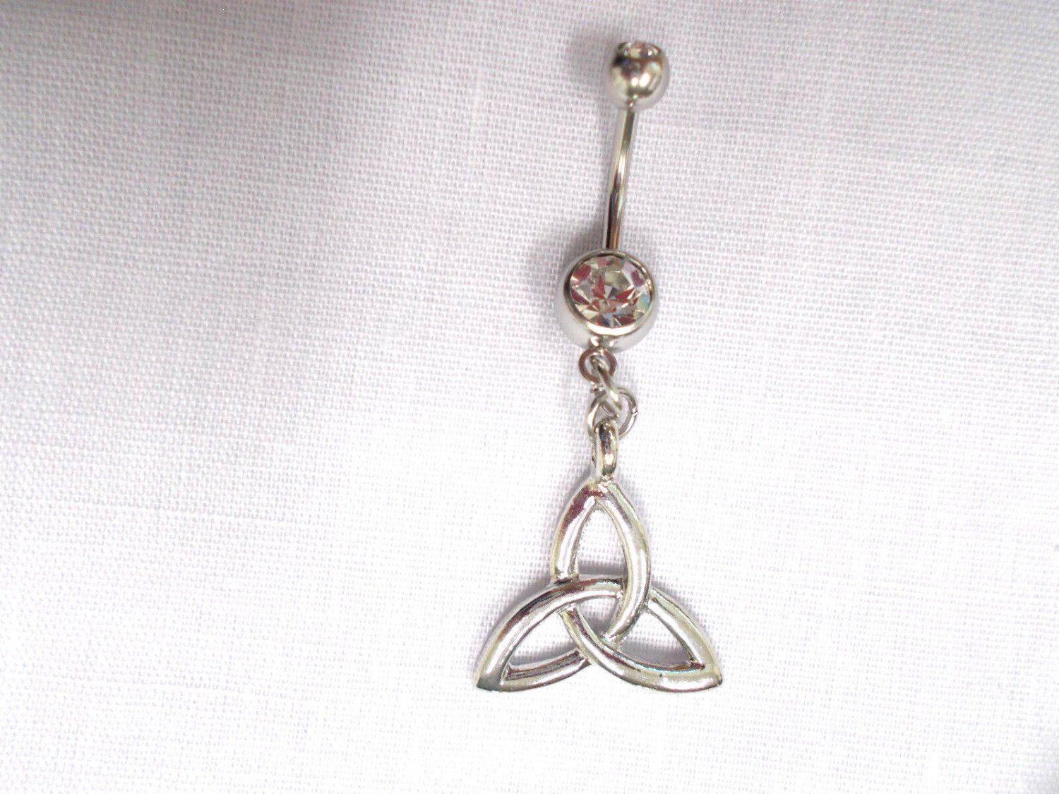NEW CELTIC TRIQUETRA INFINITY TRI KNOT PENDANT 14g CLEAR CZ BELLY BAR ...