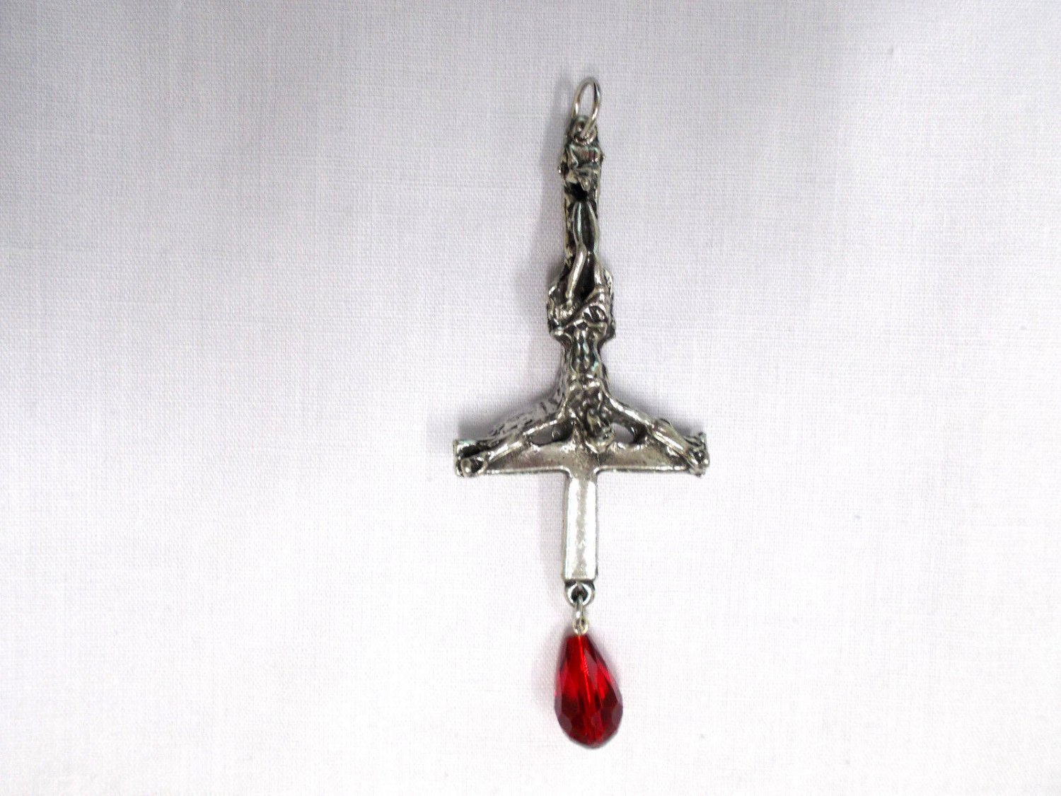 Inverted Jesus Cross Crucifix and Bood Red Crystal Evil Ornament Pewter ...