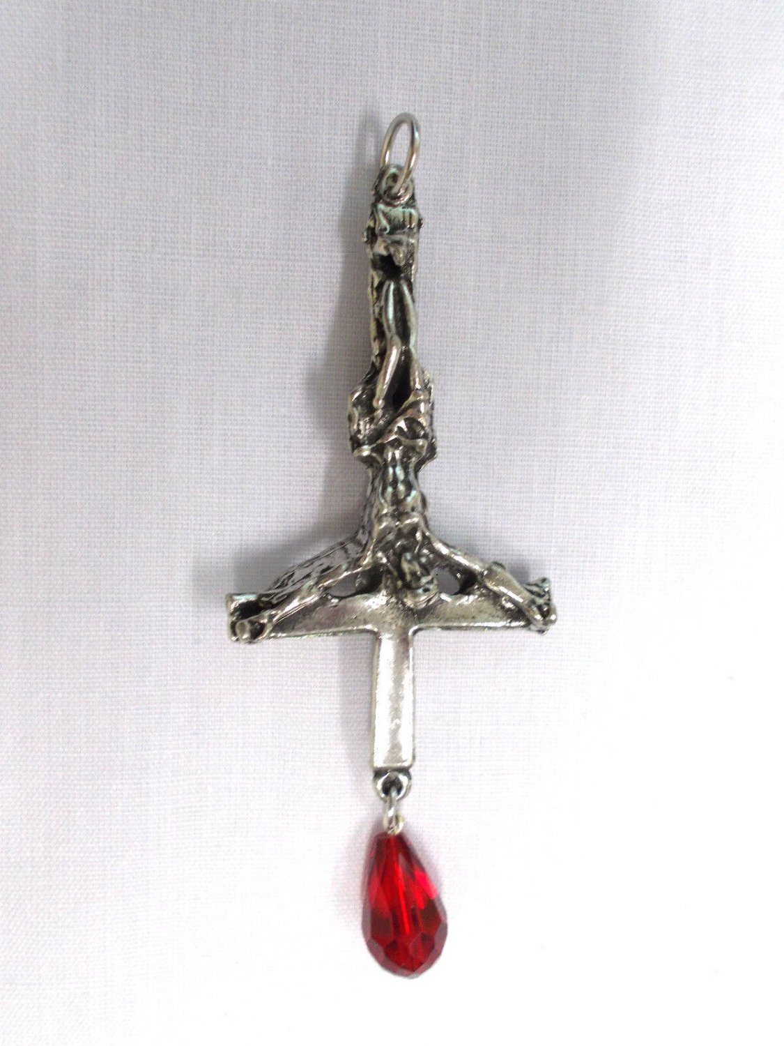 Inverted Jesus Cross Crucifix and Bood Red Crystal Evil Ornament Pewter ...
