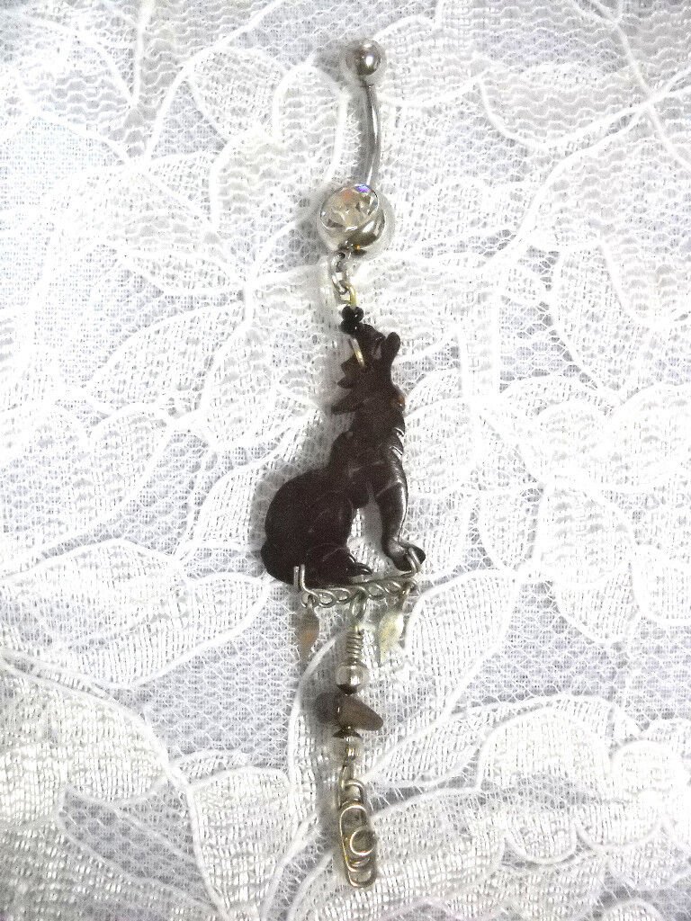 COCONUT HOWLING TOTEM SPIRIT WOLF CHARM 14g CLEAR CZ BELLY BUTTON RING