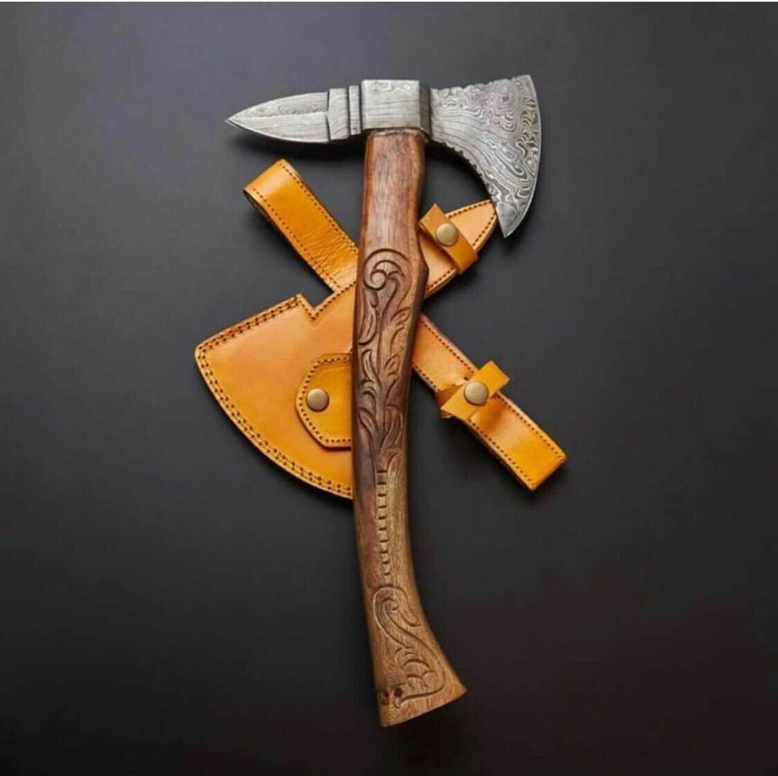 CUSTOM HANDMADE STEEL AXE WITH ETCHING HEAD AND WOOD HANDLE