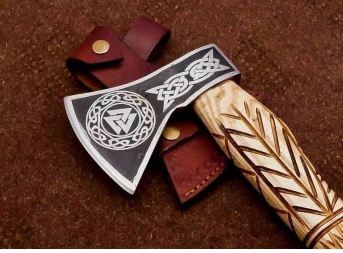 CUSTOM HANDMADE STEEL AXE WITH ETCHING HEAD AND WOOD HANDLE