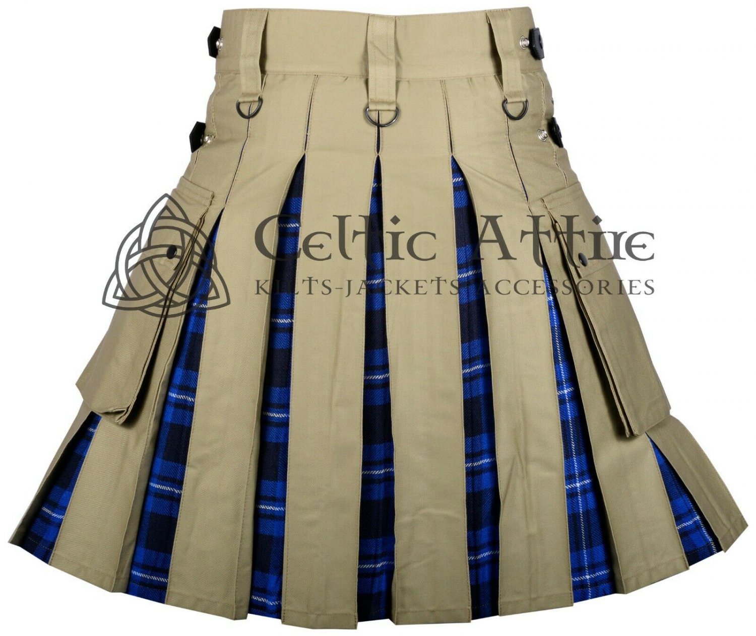 50 - Size - Hybrid UTILITY KILTS for Men Khaki Cotton Ramsey Blue Tartan Cargo Pockets Kilt