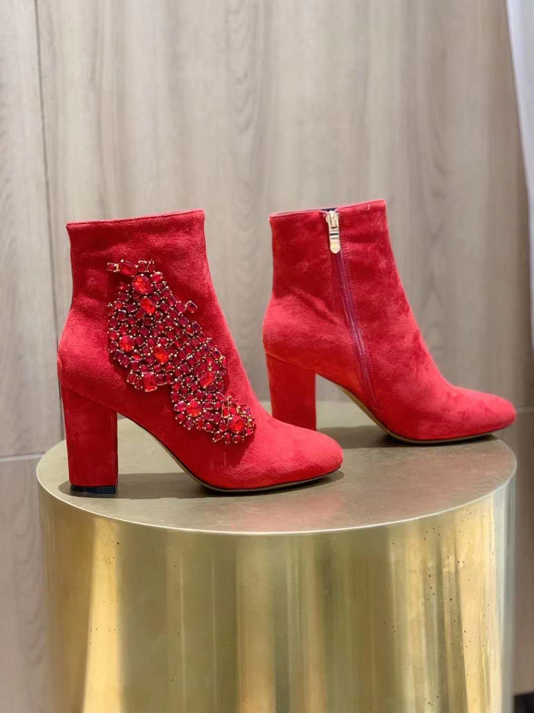Women Shoes Aquazzura Boots Crystal Diamonds 8.5cm Heel Red Leather Boots