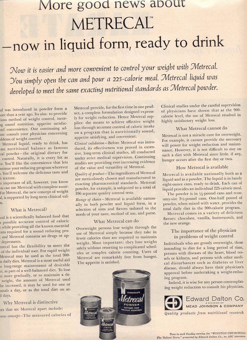 1961 METRECAL DIETARY WEIGHT CONTROL POWDER DOUBLE PAGE MAGAZINE AD (400)