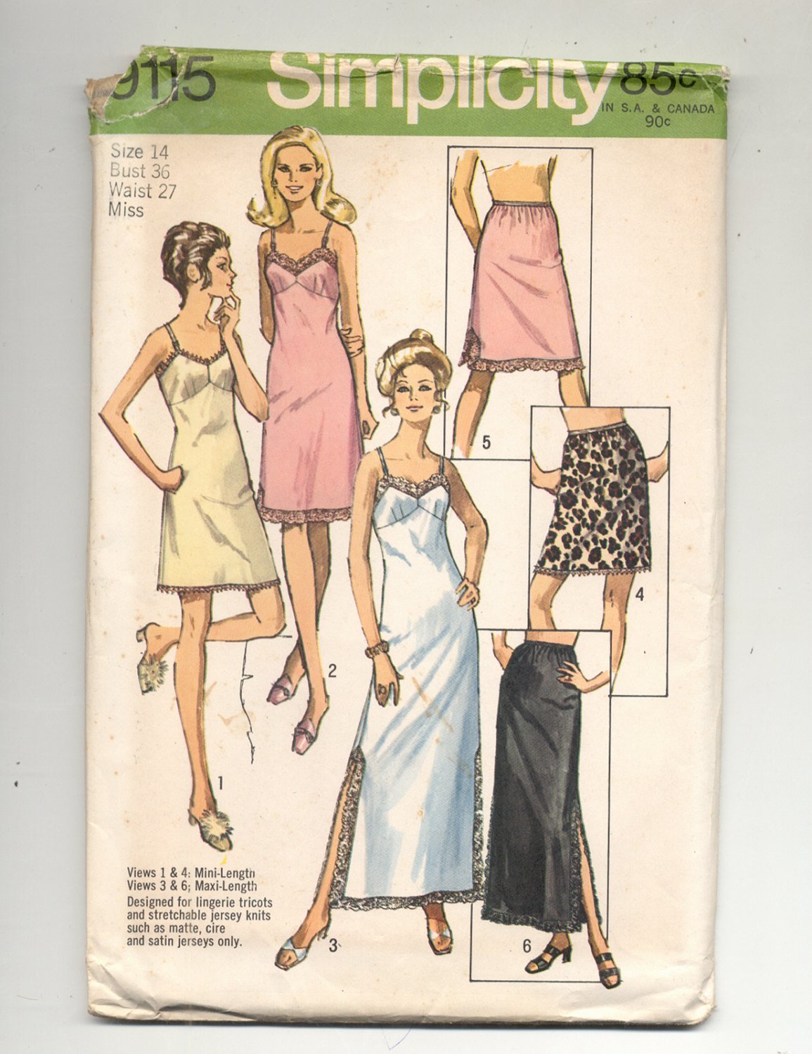 SIMPLICITY PATTERN # 9115 MISSES SLIPS & HALF SLIPS SIZE 14 UNCUT 1970 ...