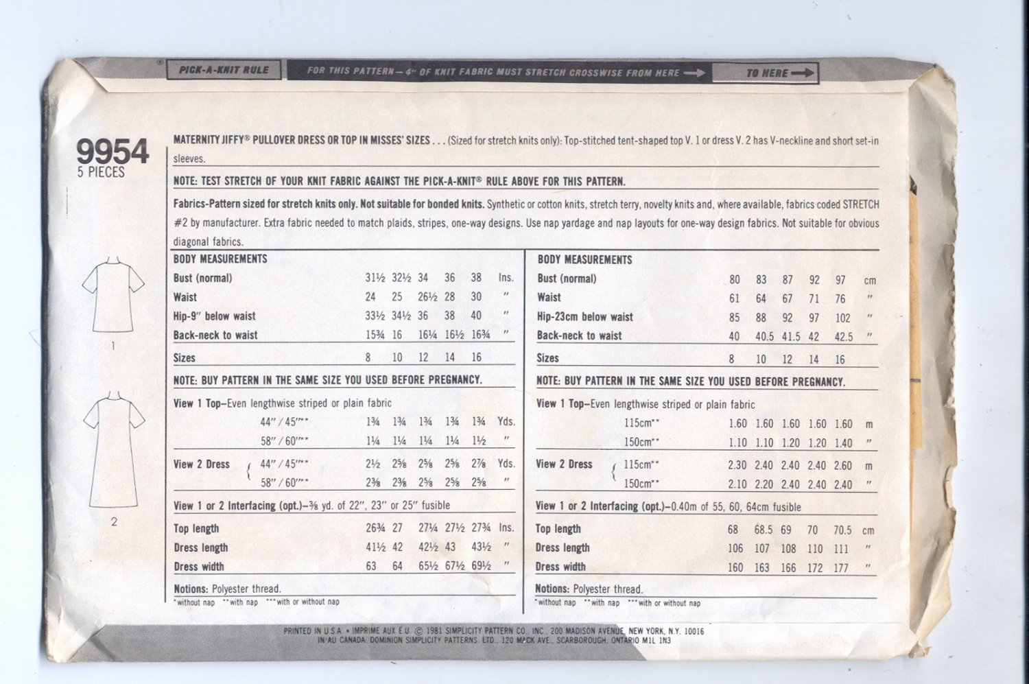 SIMPLICITY PATTERN # 9954 MISSES MATERNITY PULLOVER DRESS & TOP SIZE 10 ...