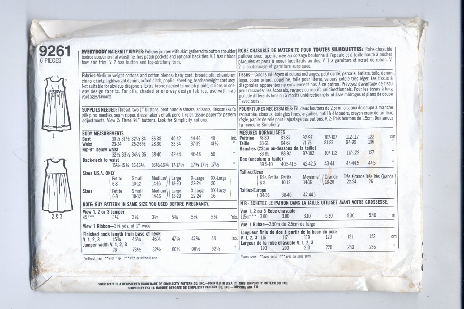 SIMPLICITY PATTERN # 9261 MISSES MATERNITY JUMPER SIZE A ~ PETITE ...