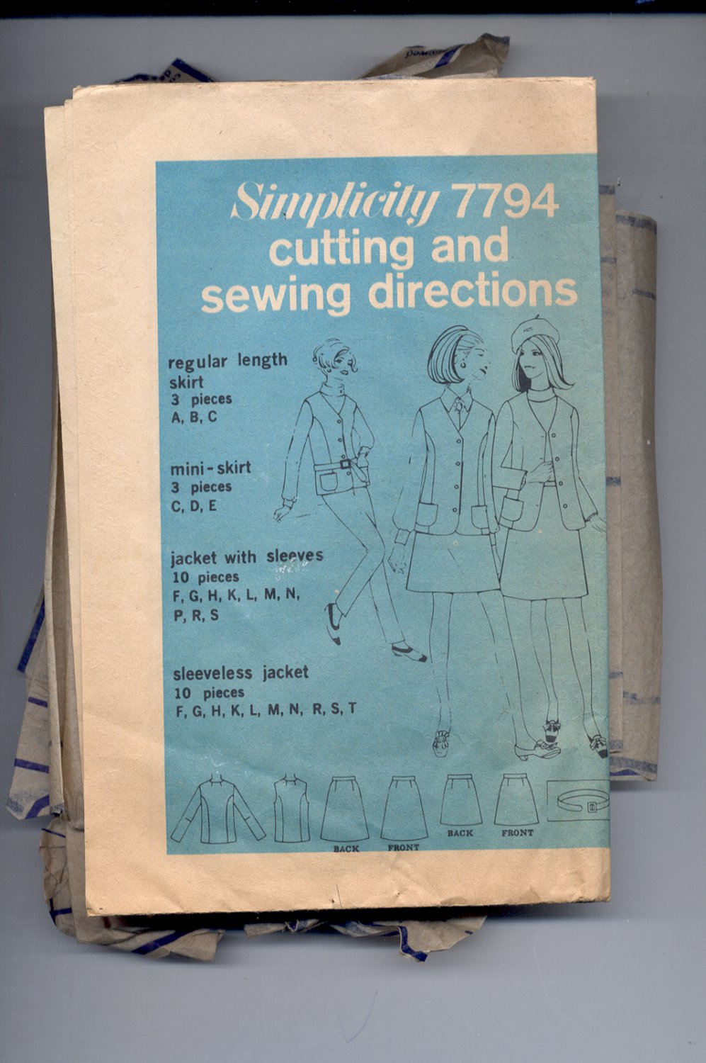 SIMPLICITY PATTERN # 7794 MISSES SKIRT & MINI SKIRT & JACKET SIZE 7-16 CUT 1968 VINTAGE OOP