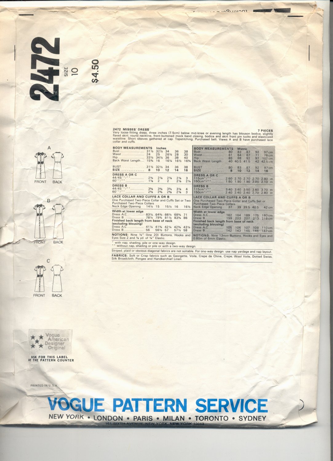 VOGUE ALBERT NIPON DESIGN PATTERN # 2472 MISSES DRESS SIZE 10 CUT ...