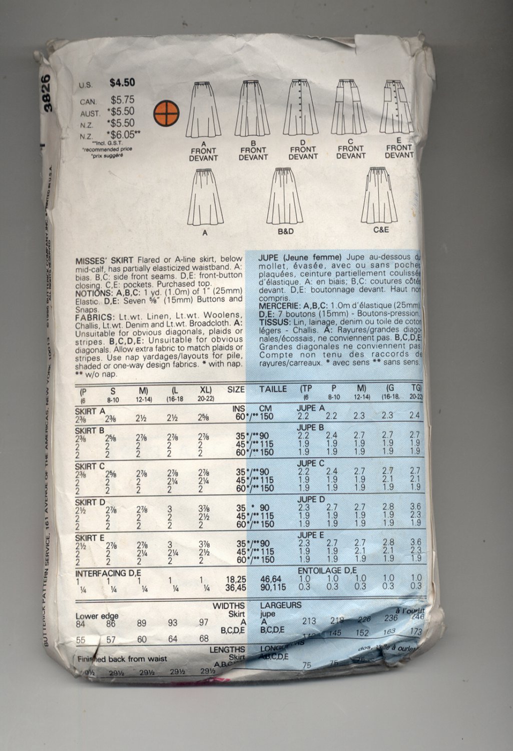 BUTTERICK CLASSICS PATTERN # 3826 MISSES A-LINE SKIRTS SIZE P-M CUT ...