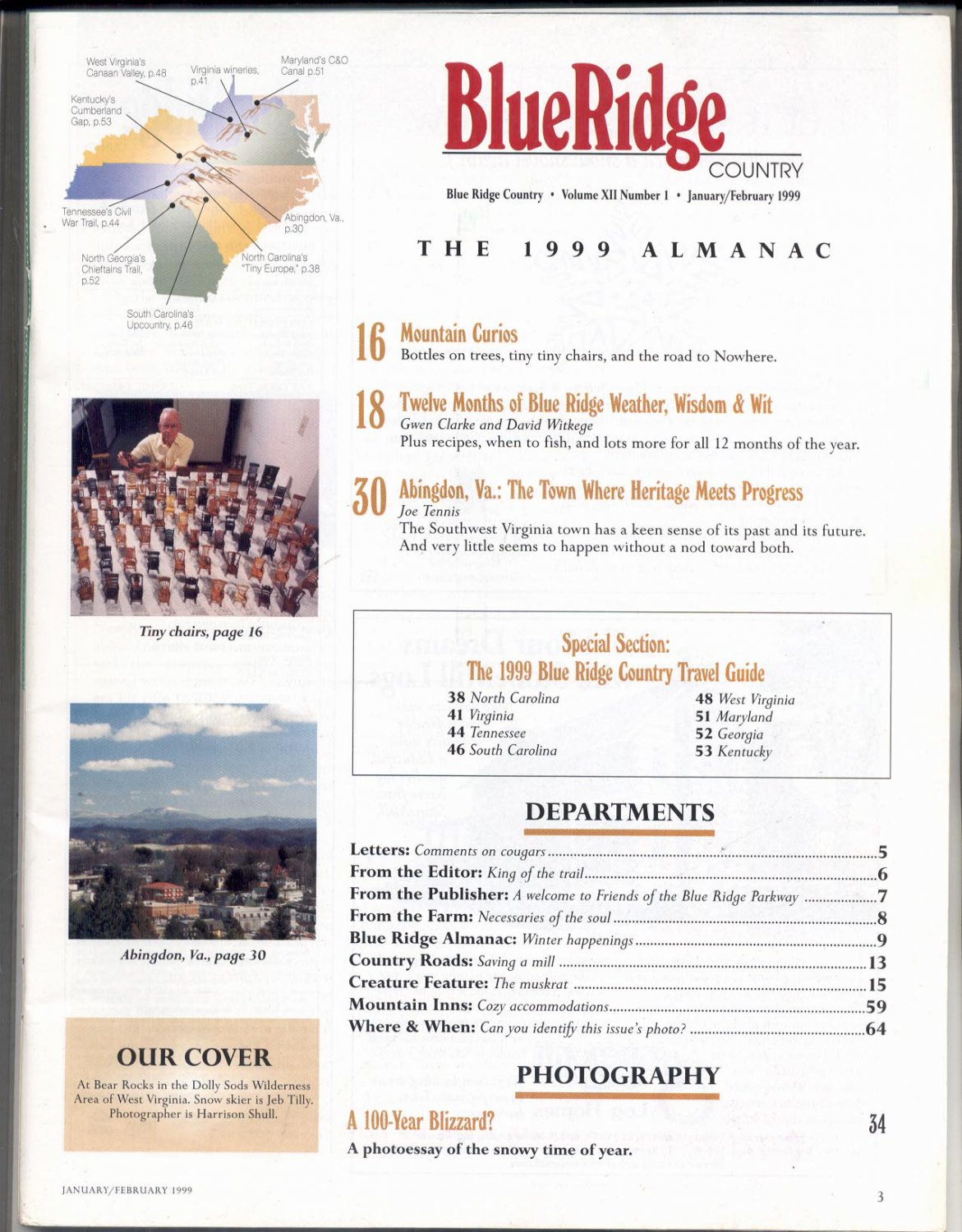 BLUE RIDGE COUNTRY MAGAZINE ~ MOUNTAIN ALMANAC ~ JAN FEB 1999 NEAR MINT