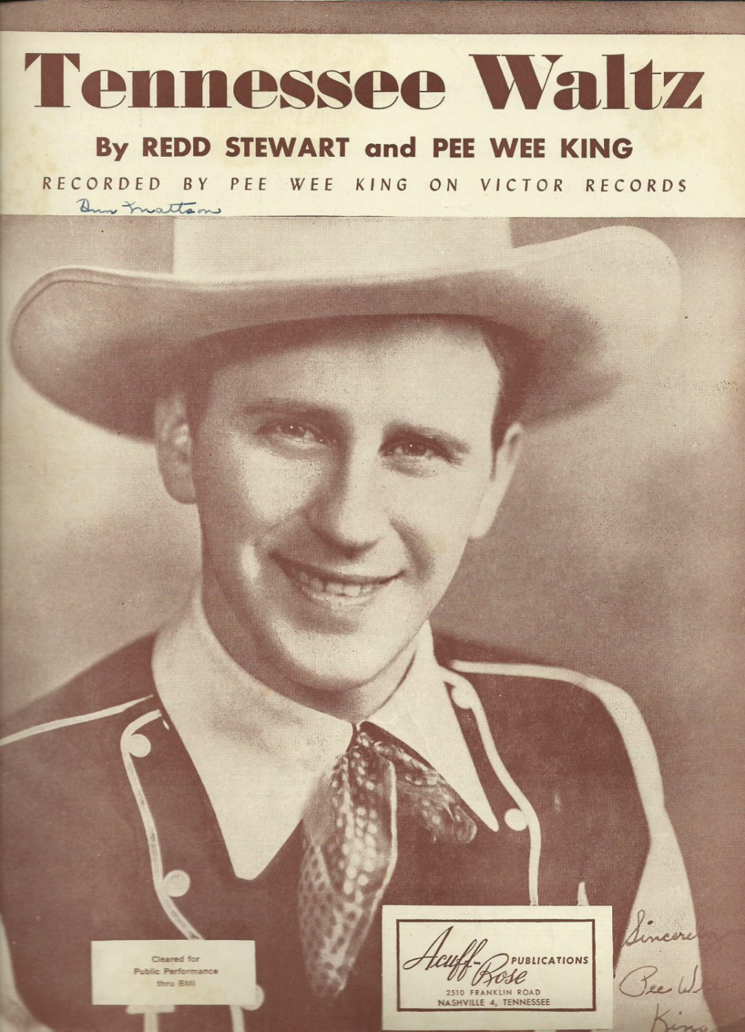TENNESSEE WALTZ WITH PEE WEE KING PHOTO COVER 1948 VINTAGE SHEET MUSIC ...