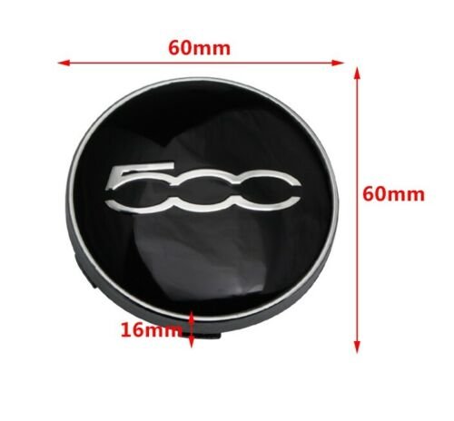60mm Fiat 500 Black Silver Hubcap Wheel Cover Center Cap Set
