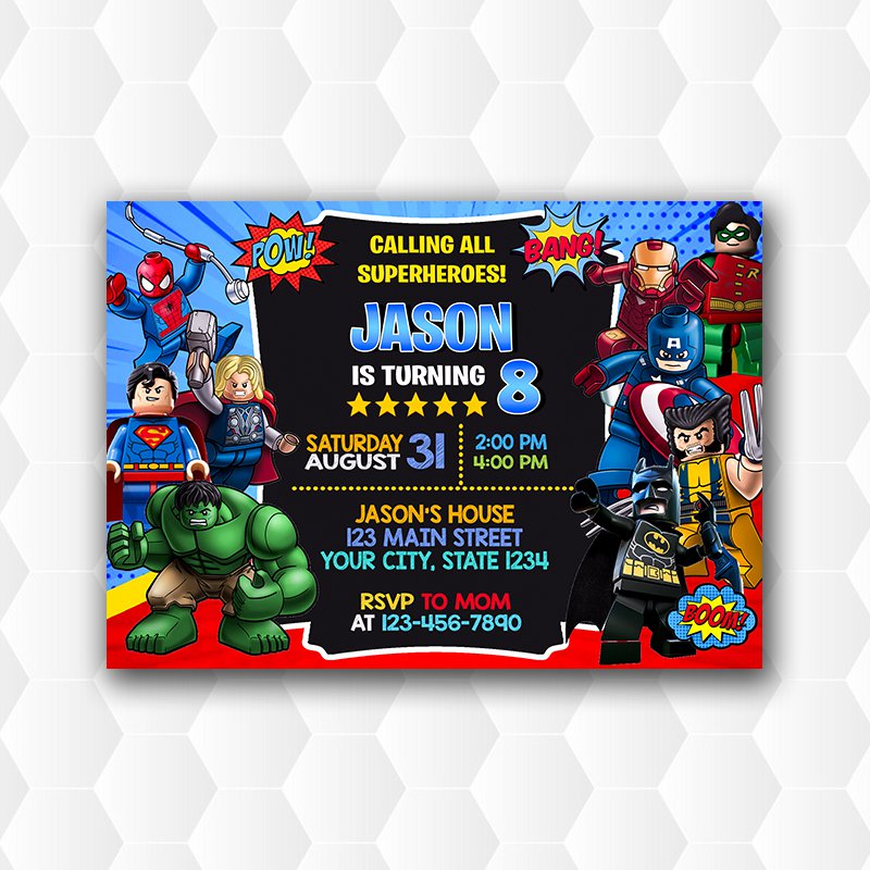 Superheroes Lego Character Birthday Invitations, Superhero Birthday ...