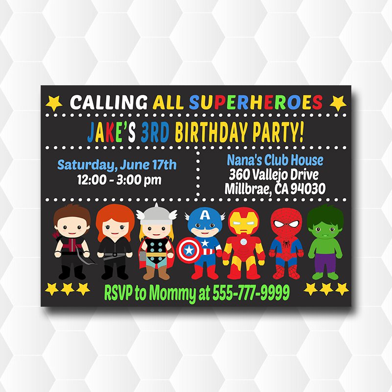 Super Hero Character Birthday Invitations