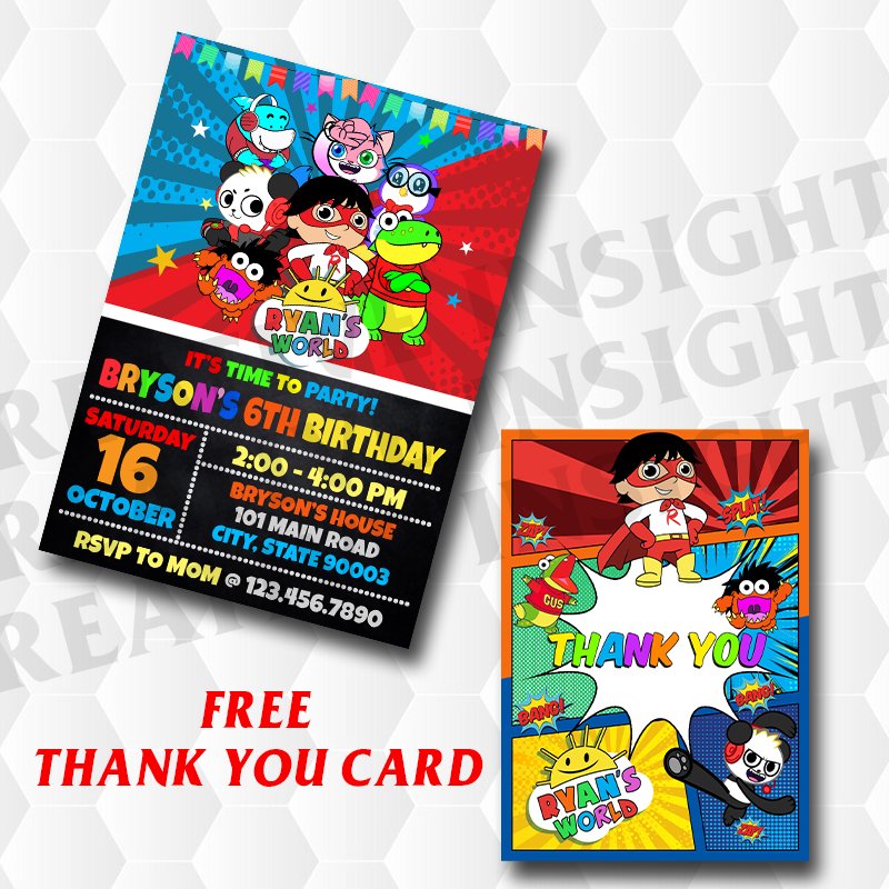 Ryan's World Superhero Comic Invitation Free Thankyou Card