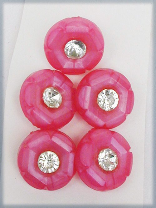 5 Rose molded plastic buttons & shanks rhinestone centers 3/4" diameter ...