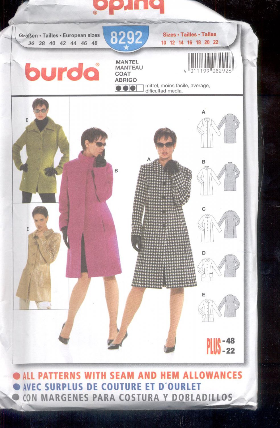 Burda pattern 8292 Coat Sizes 10-22 uncut