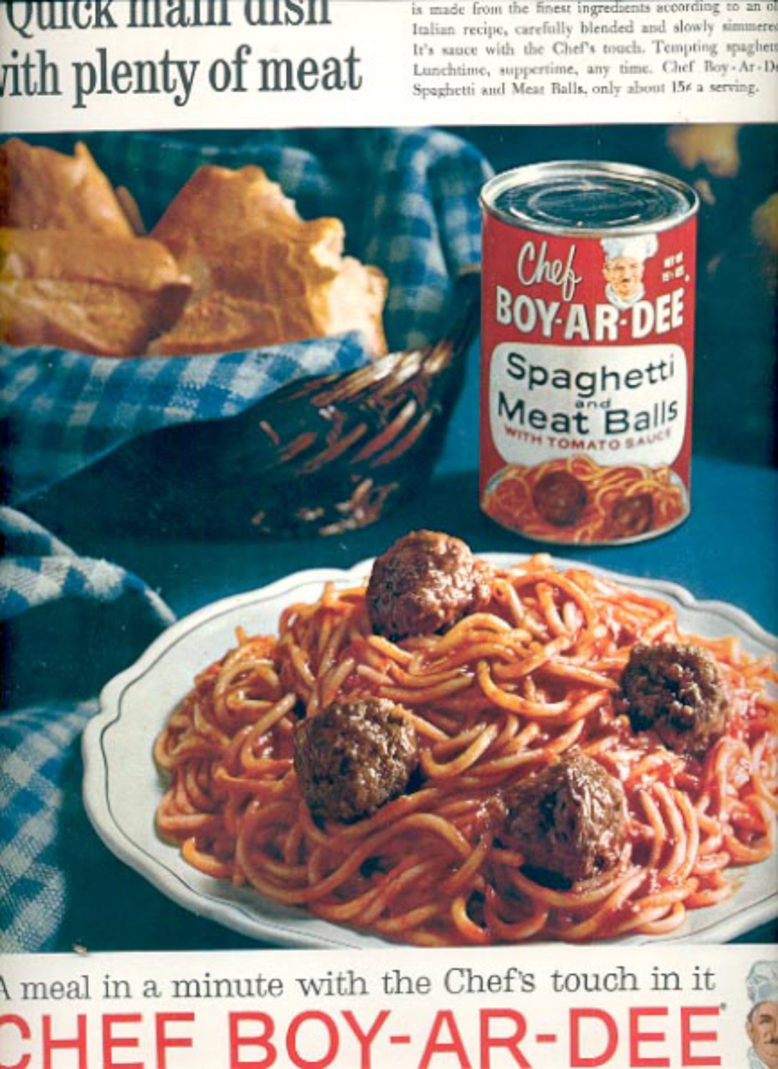 1961 Chef Boy-Ar-Dee spaghetti and meat balls magazine ad (#5872)