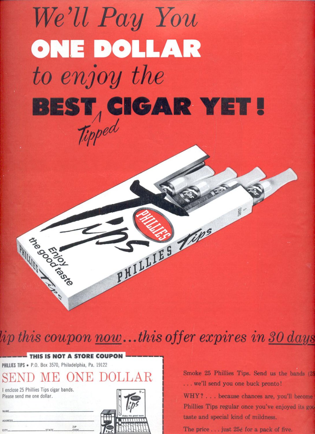 June 19, 1965 Phillies Tips Cigar magazine ad (#1875)