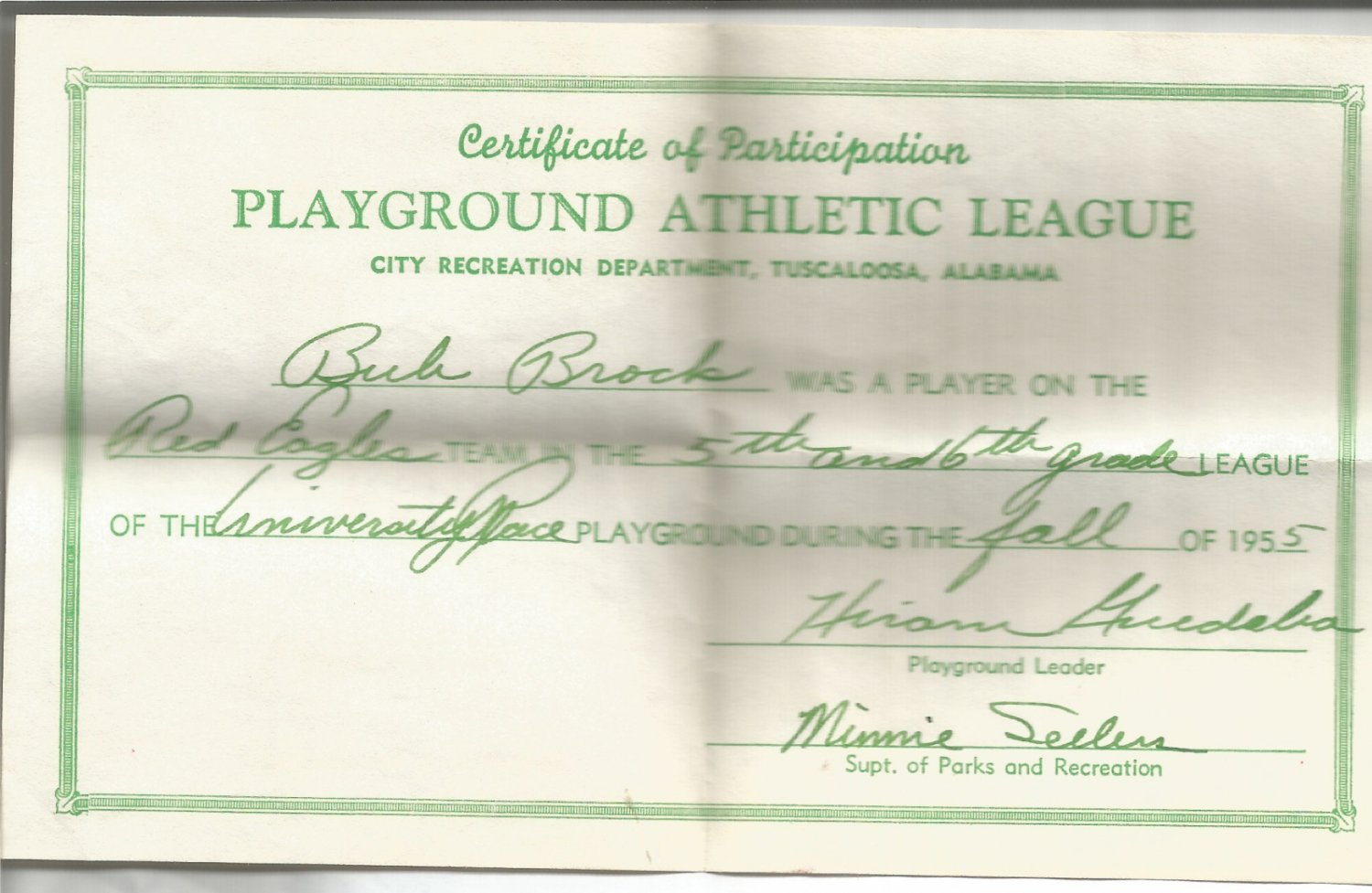 1955 Playground Athletic League Certificate of Participation ...