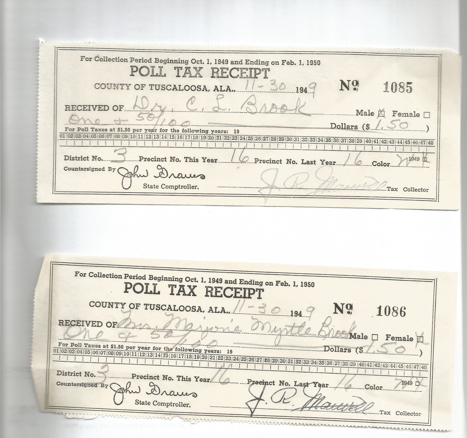 1949 Tuscaloosa, Ala. Poll Tax Receipt for 1949 husband and wife