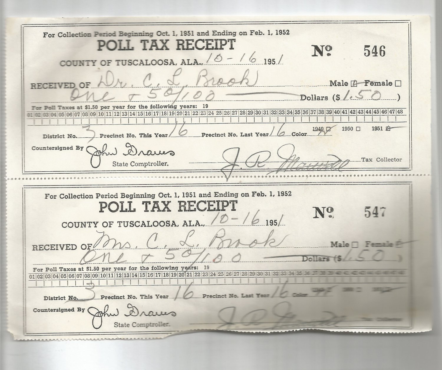 1951 Tuscaloosa, Ala. Poll Tax Receipt for 1951 husband and wife