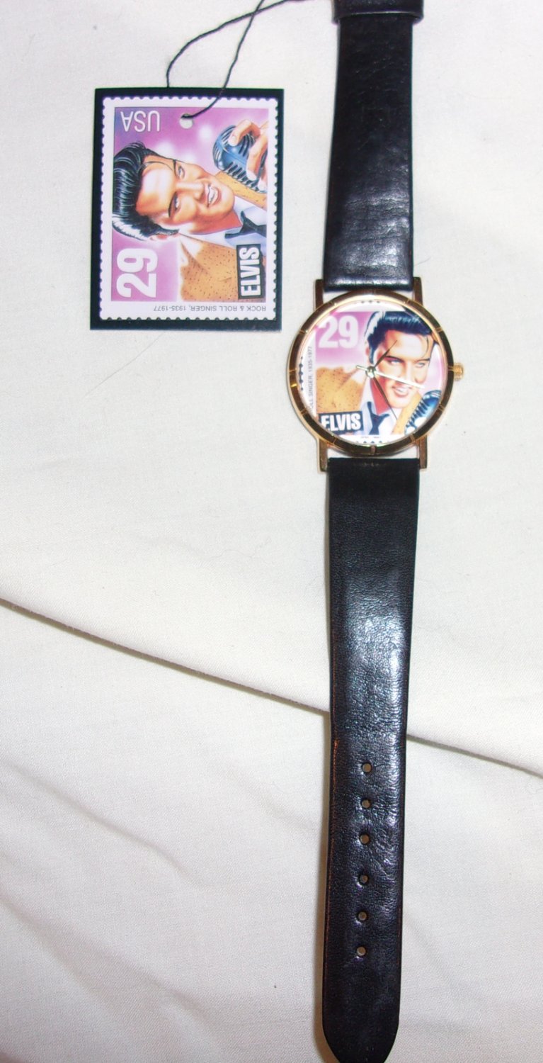 Elvis 1992 stamp watch with stamp round dial unisex . Leather band