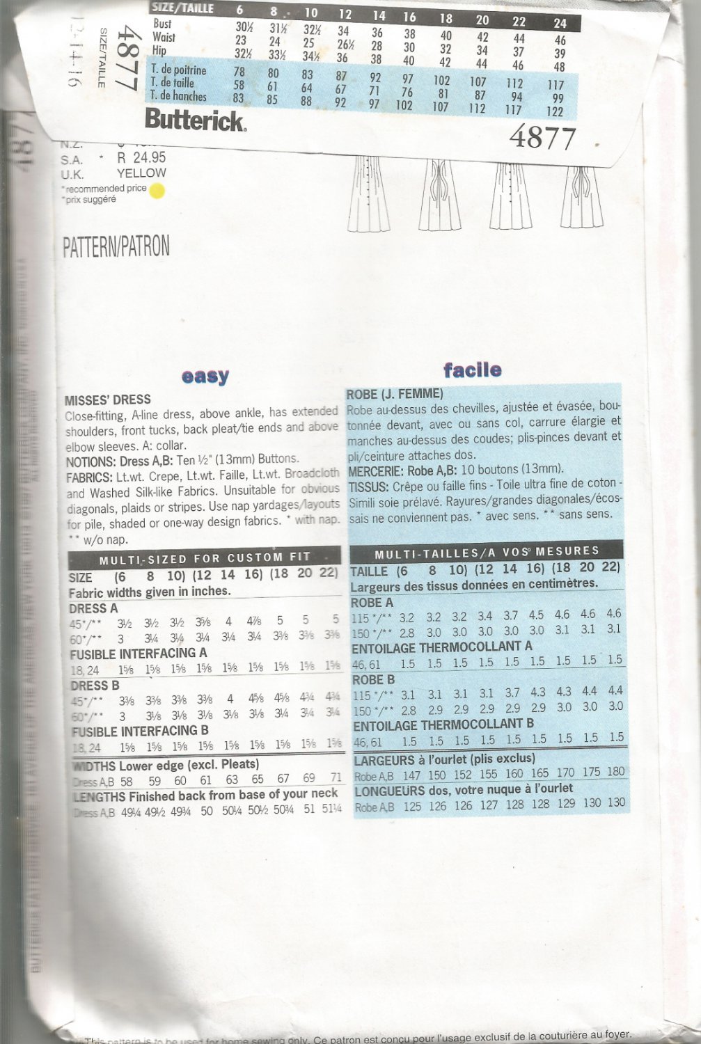 Butterick pattern 4877- Misses' Dress- Size 12-14-16