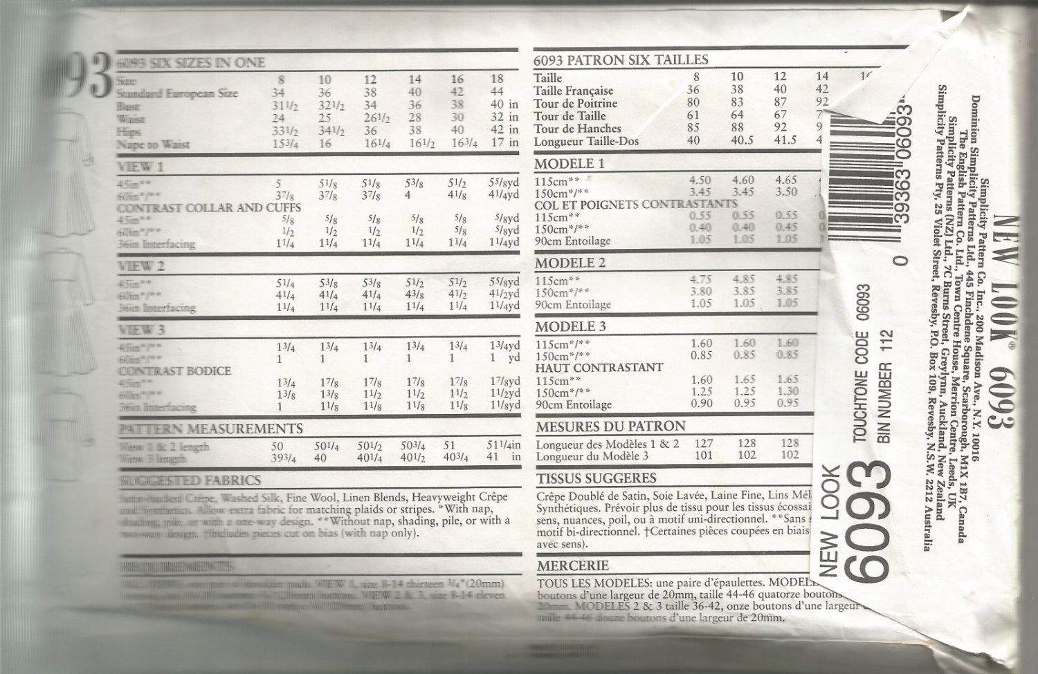 New Look pattern 6093- Ladies Dress- Size 8-18