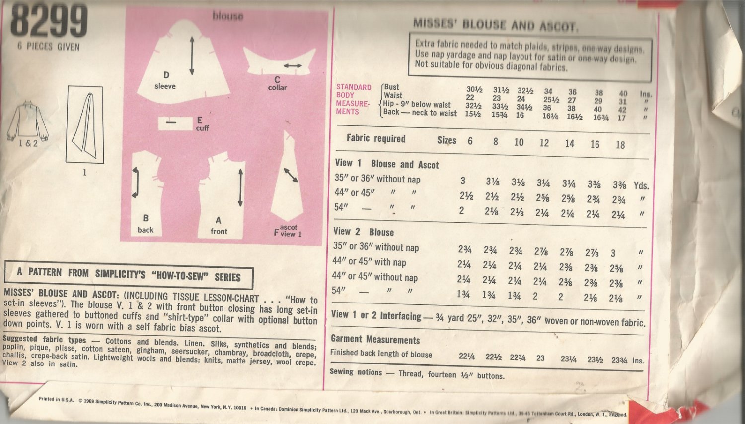 Simplicity pattern 8299- Misses' Blouse and Ascot- size 12