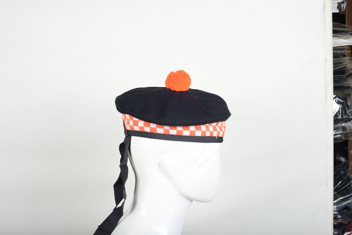 Scottish ORANGE AND White DICED Band Black Wool BALMORAL HAT Military ...