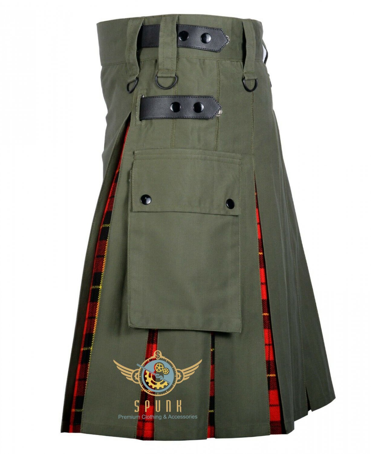 Scottish Wallace Tartan Olive Green Cotton Hybrid UTILITY KILT For Men's