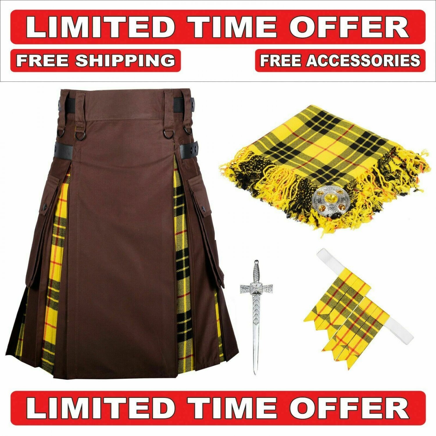 Scottish Macleod of Lewis Hybrid utility KILT- Brown Cotton & Tartan Utility Kilt Package