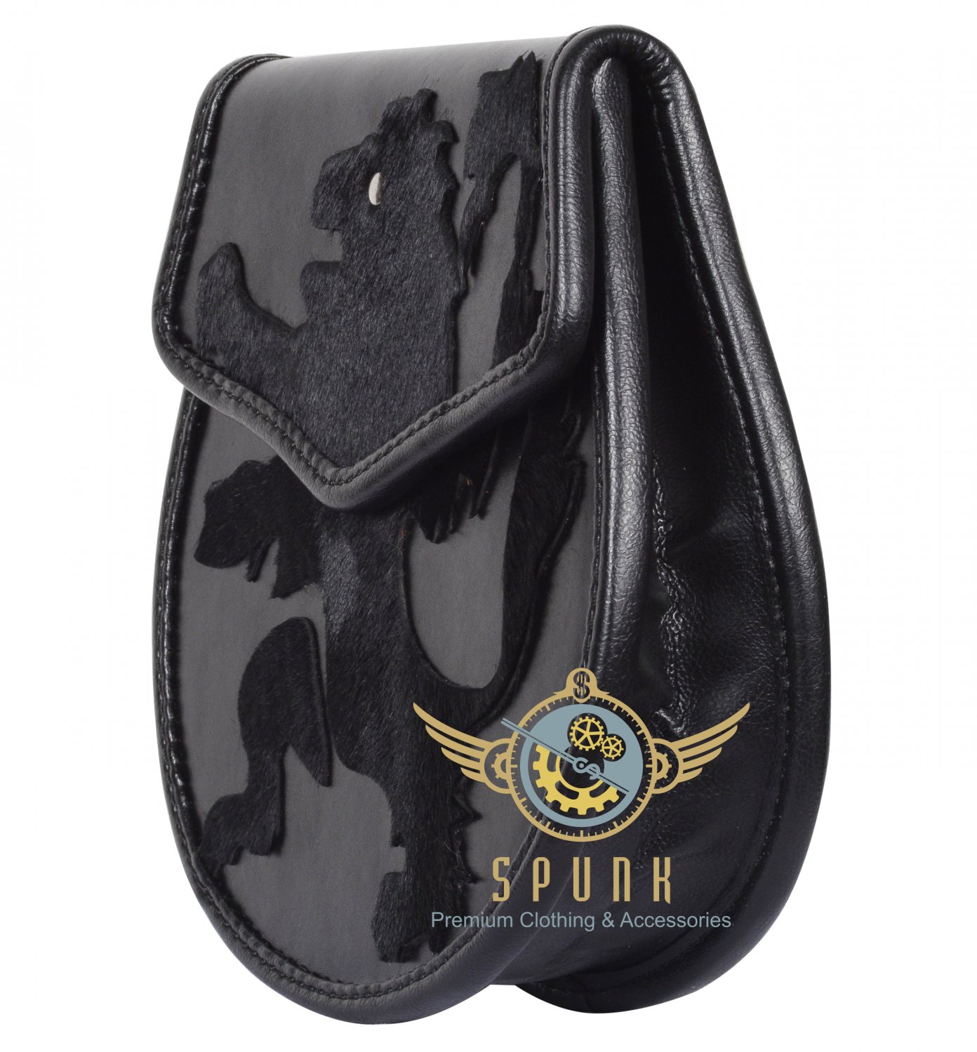 Scottish Day Sporran Black Leather KILT SPORRAN - Rampant Lion Pattern