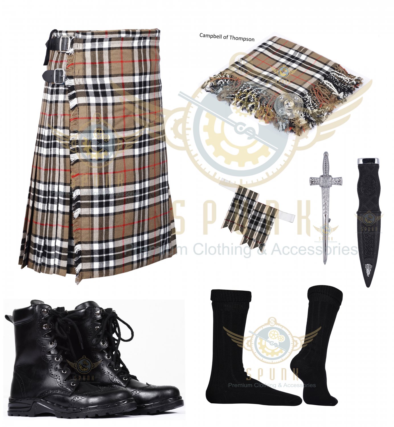 Men's Scottish Campbell of Thompson 8 yard Tartan KILT - Free Accessories