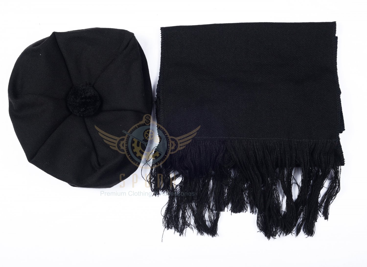 Scottish Solid Black Tam o'Shanter Flat Bonnet Hat With Scarf 100 ...