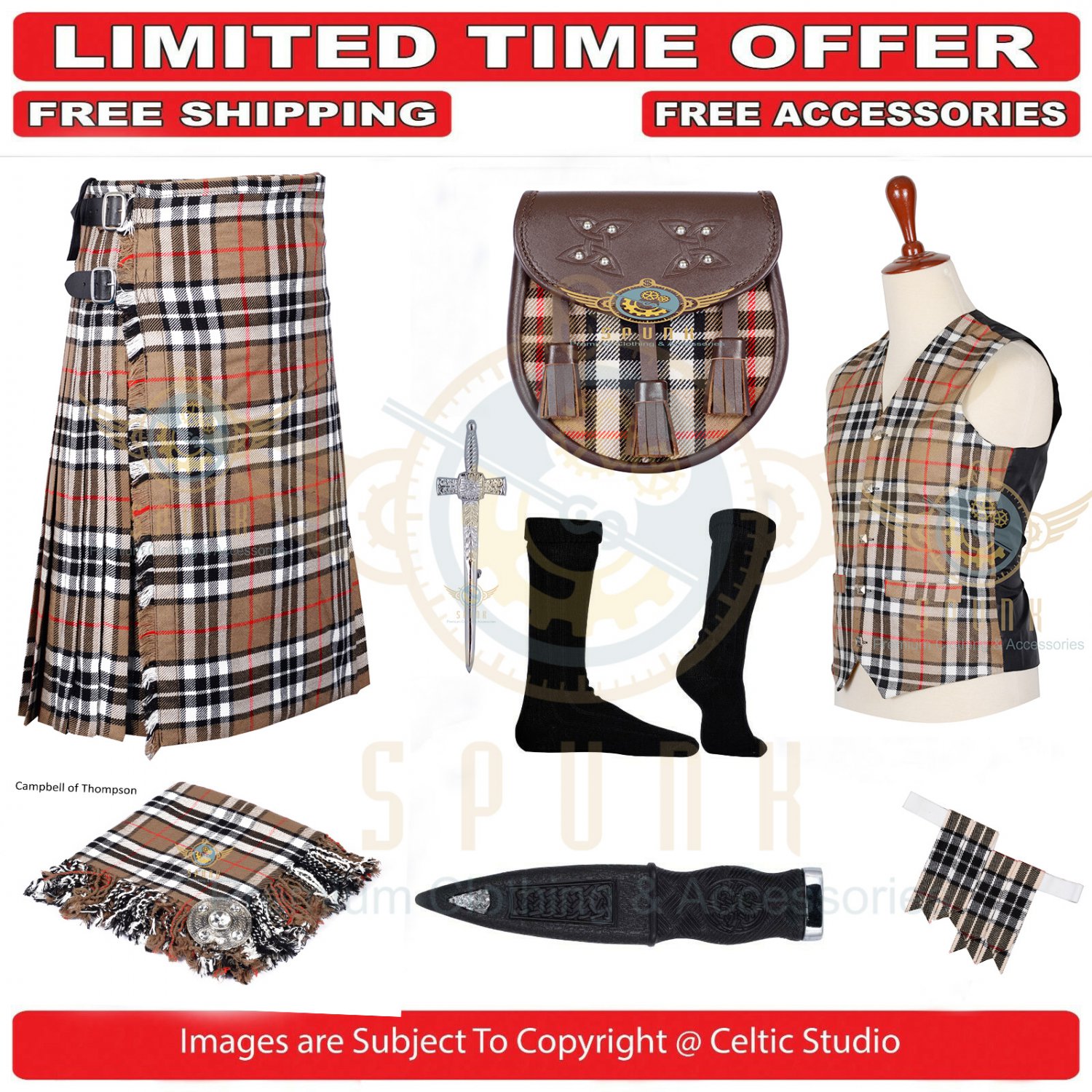 Men's Scottish Traditional Campbell Of Thompson TARTAN KILTS Package ...